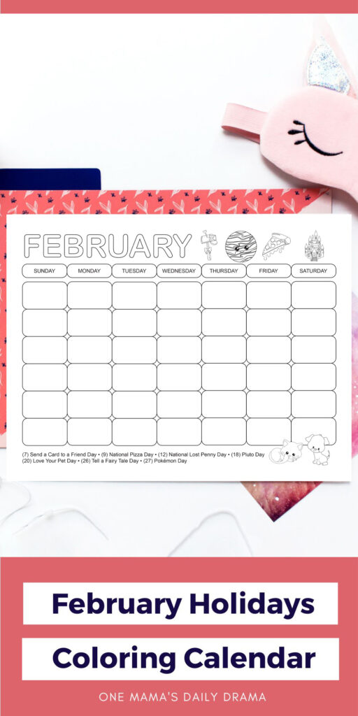 February Holidays Printable Coloring Calendar for Kids