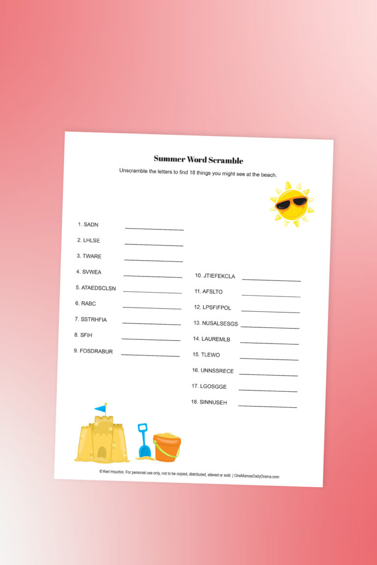 Summer Word Scramble with 18 Things You Might See at the Beach